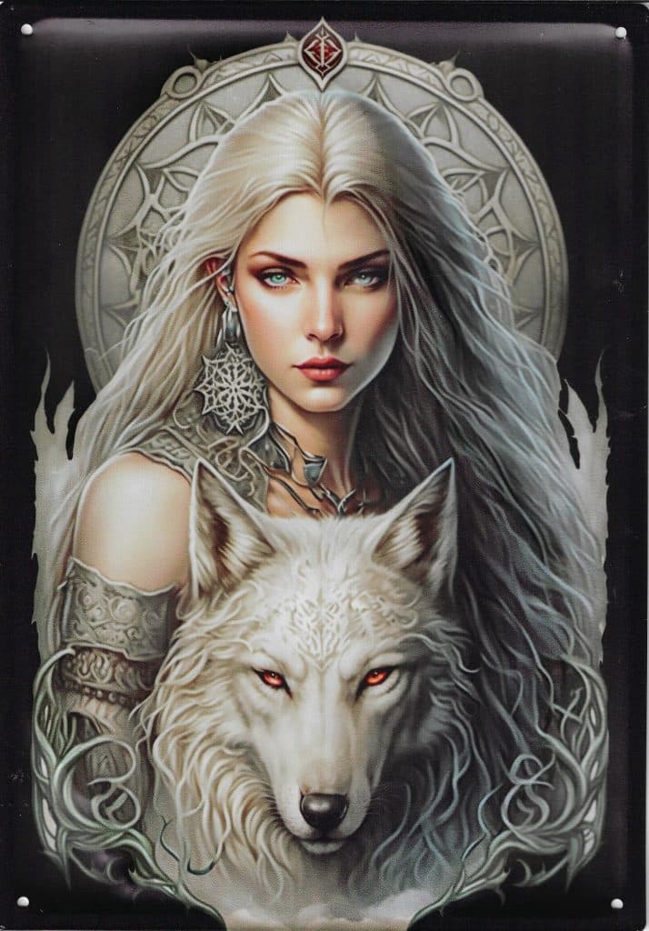 | plaque métal fantasy FEMME AVEC UN LOUP